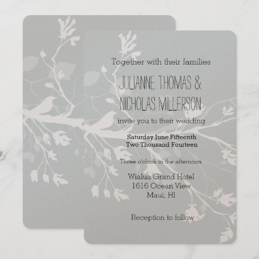 Grey White Bird Branches Wedding Invitation | Zazzle
