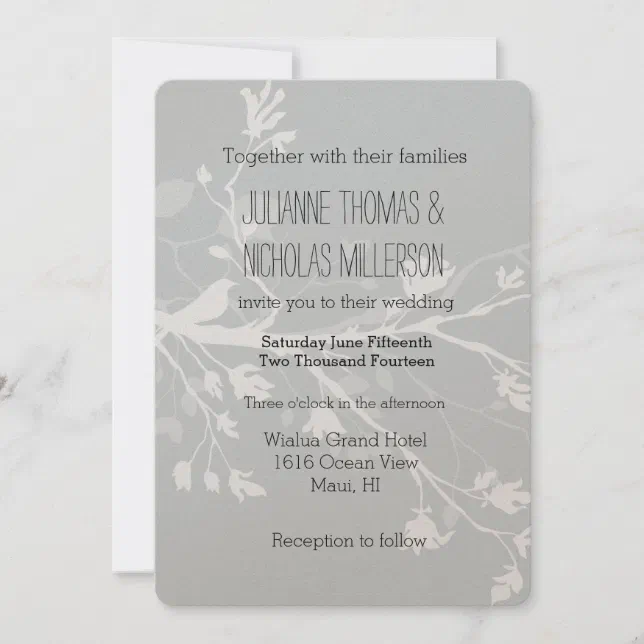 Grey White Bird Branches Wedding Invitation | Zazzle