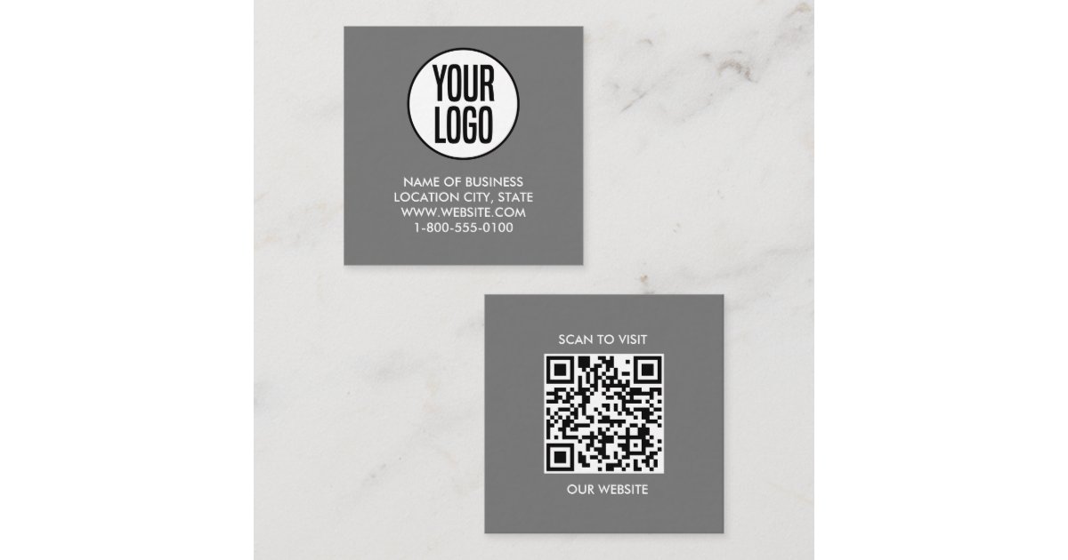 Grey White Custom Logo and QR Code Square Business Card | Zazzle