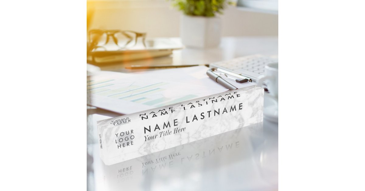 Grey White Marble Custom Logo Desk Nameplate | Zazzle