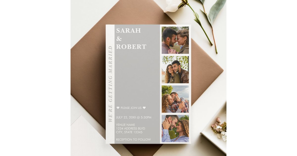 Grey & White Photo Booth Collage Wedding Invitation | Zazzle