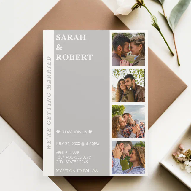 Grey & White Photo Booth Collage Wedding Invitation | Zazzle
