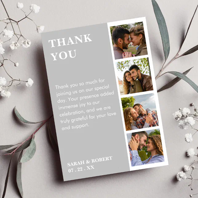Grey & White Photo Booth Collage Wedding Thank You Card | Zazzle