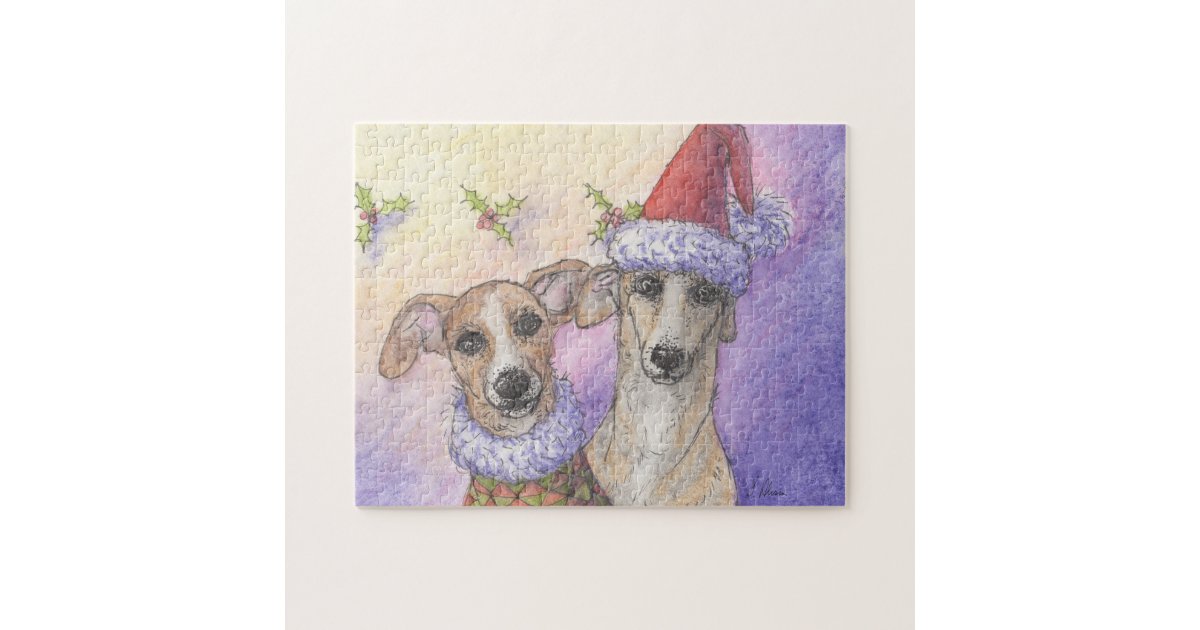Greyhound dogs sending Christmas wishes Jigsaw Puzzle | Zazzle