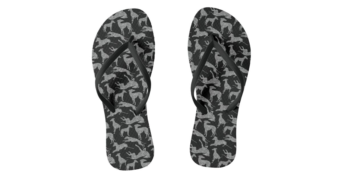 Greyhound Silhouettes Faux Glitter Silver Flip Flops | Zazzle