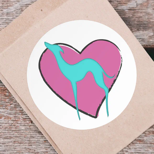 Greyhound whippet silhouette and cute pink heart classic round sticker ...