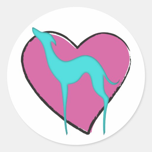 Greyhound whippet silhouette and cute pink heart classic round sticker ...