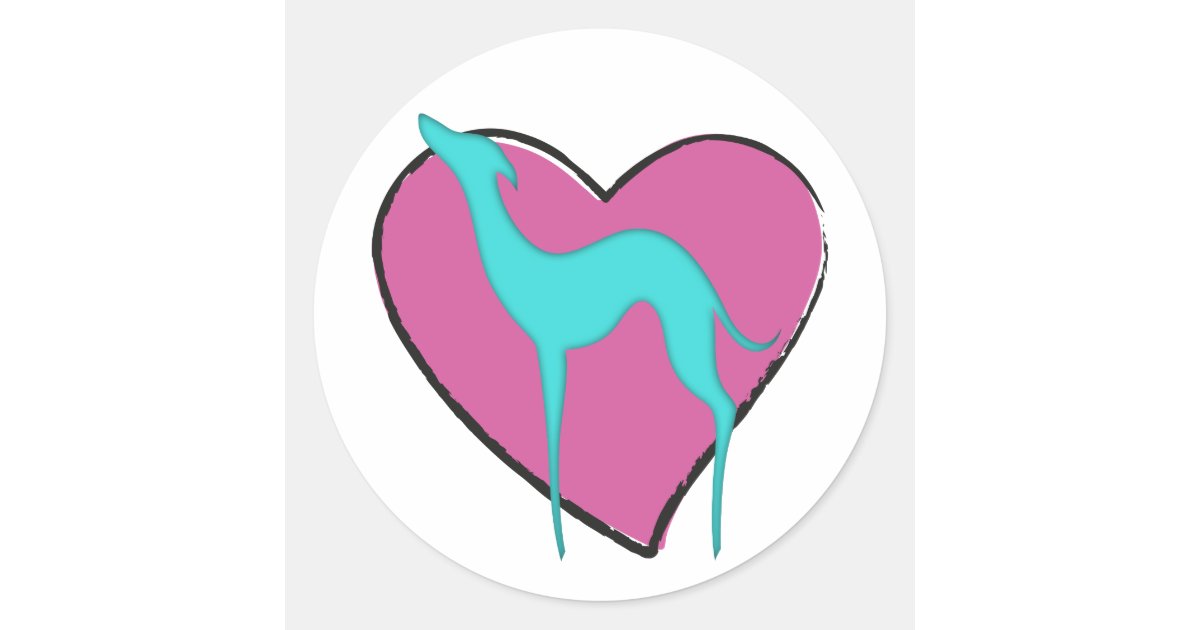 Greyhound whippet silhouette and cute pink heart classic round sticker ...