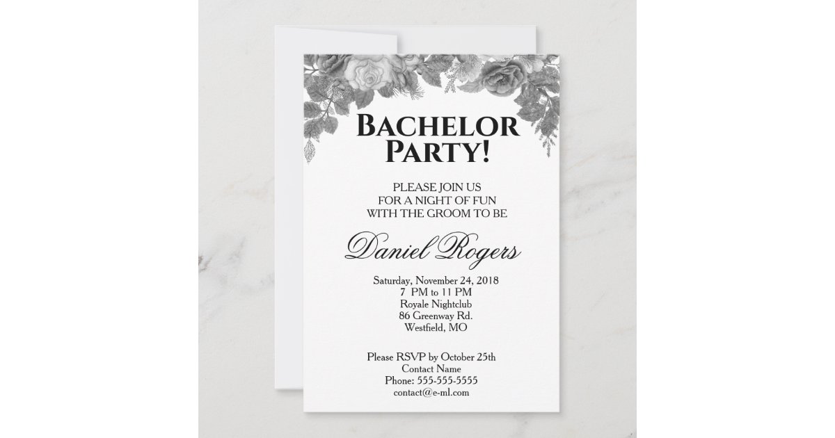 Greyscale of Roses and Glitter Bachelor Party Invitation | Zazzle