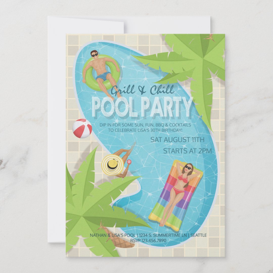 Grill and Chill Adult Birthday Pool Party Invite | Zazzle