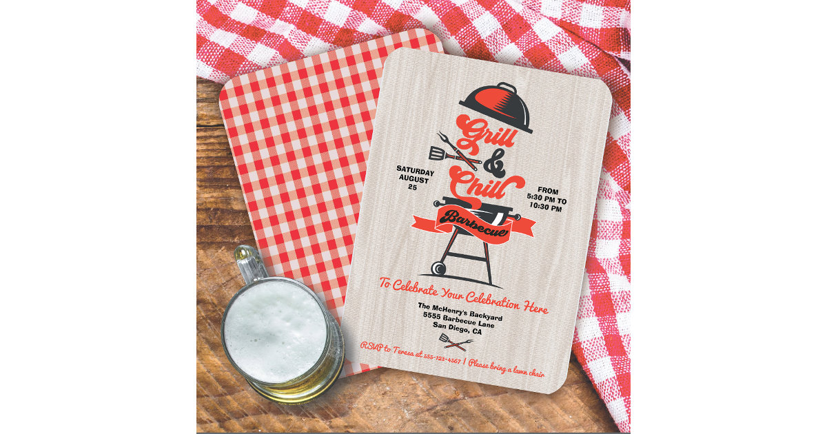 Grill and Chill Woodcut Retro BBQ grill Party Invitation | Zazzle