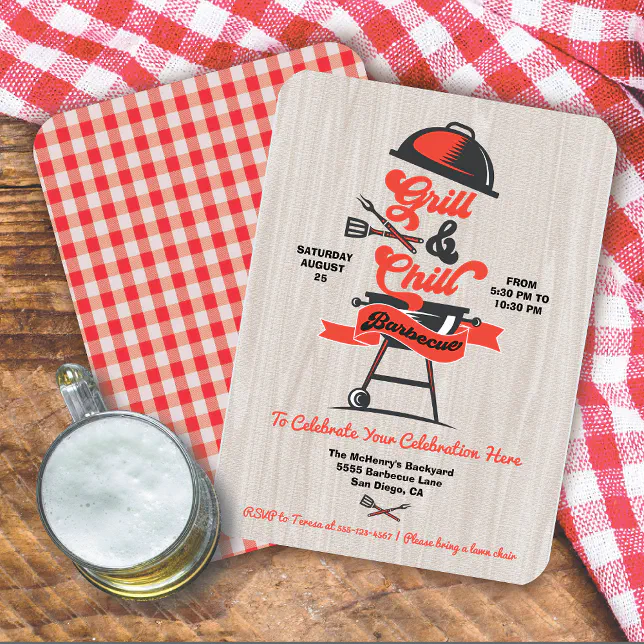 Grill and Chill Woodcut Retro BBQ grill Party Invitation | Zazzle