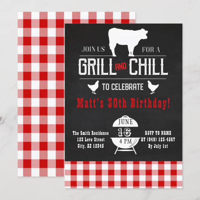 Grill & Chill BBQ BirthdayRustic Chalkboard Invite | Zazzle