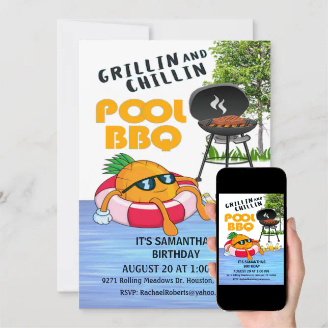 Grillin And Chillin BBQ Birthday Pool Party Invita Invitation | Zazzle