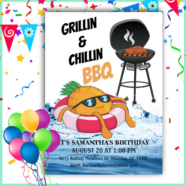 Grillin And Chillin BBQ Birthday Pool Party Invitation | Zazzle
