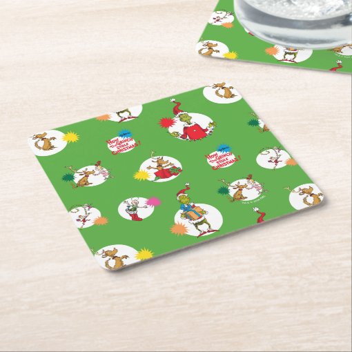 Grinch | Christmas Dot Pattern Square Paper Coaster | Zazzle