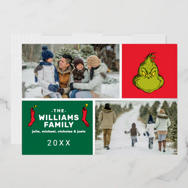 Grinch Christmas Family Photo Collage Foil Holiday Card | Zazzle