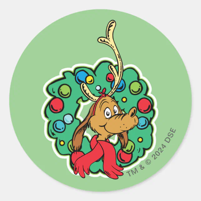 Grinch | Max Christmas Wreath Classic Round Sticker | Zazzle