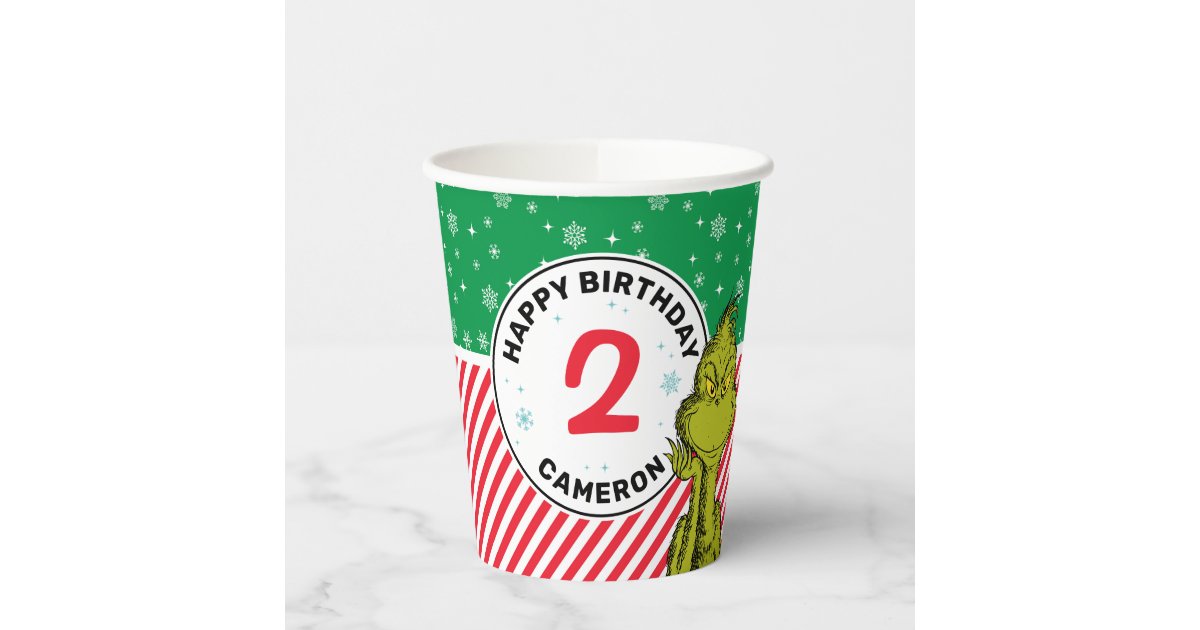 Grinch Red and Green Snowflake Birthday Paper Cups | Zazzle