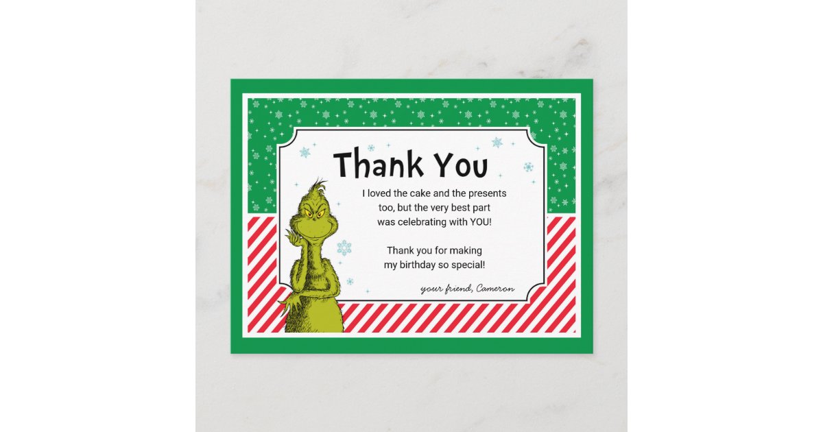 Grinch Snowflake Birthday Thank You Holiday Postcard | Zazzle