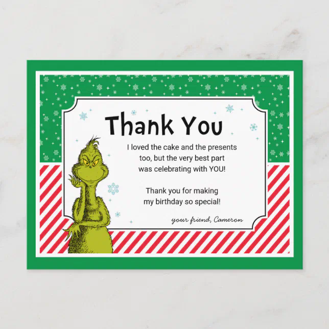 Grinch Snowflake Birthday Thank You Holiday Postcard | Zazzle