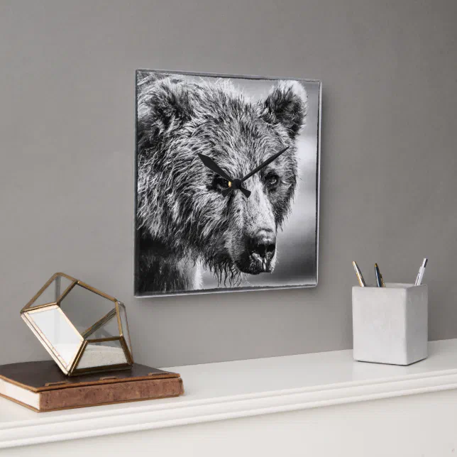 Grizzly bear portrait square wall clock | Zazzle