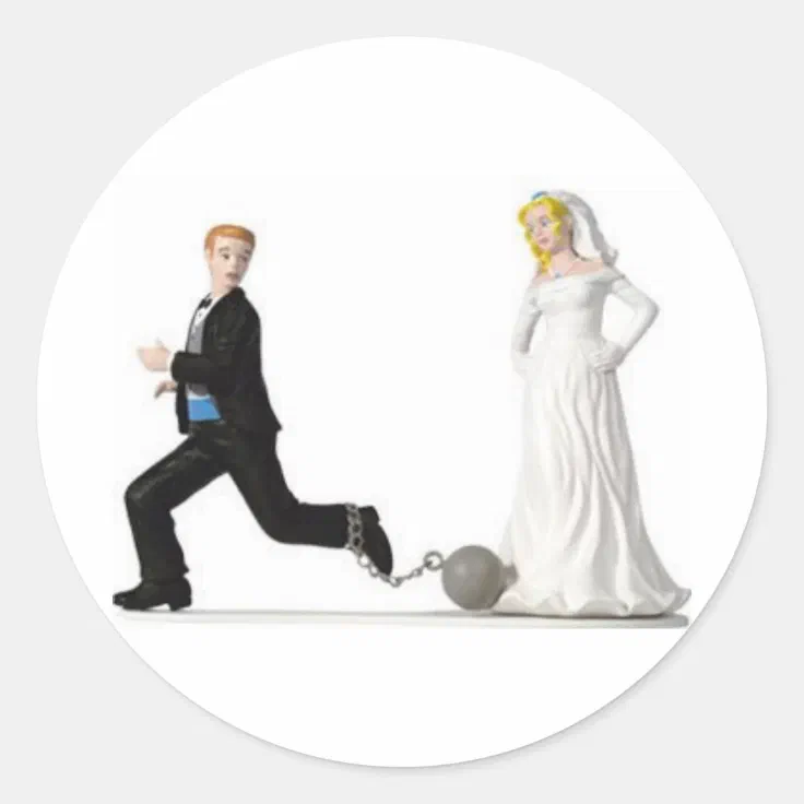 Groom running from Bride Classic Round Sticker | Zazzle