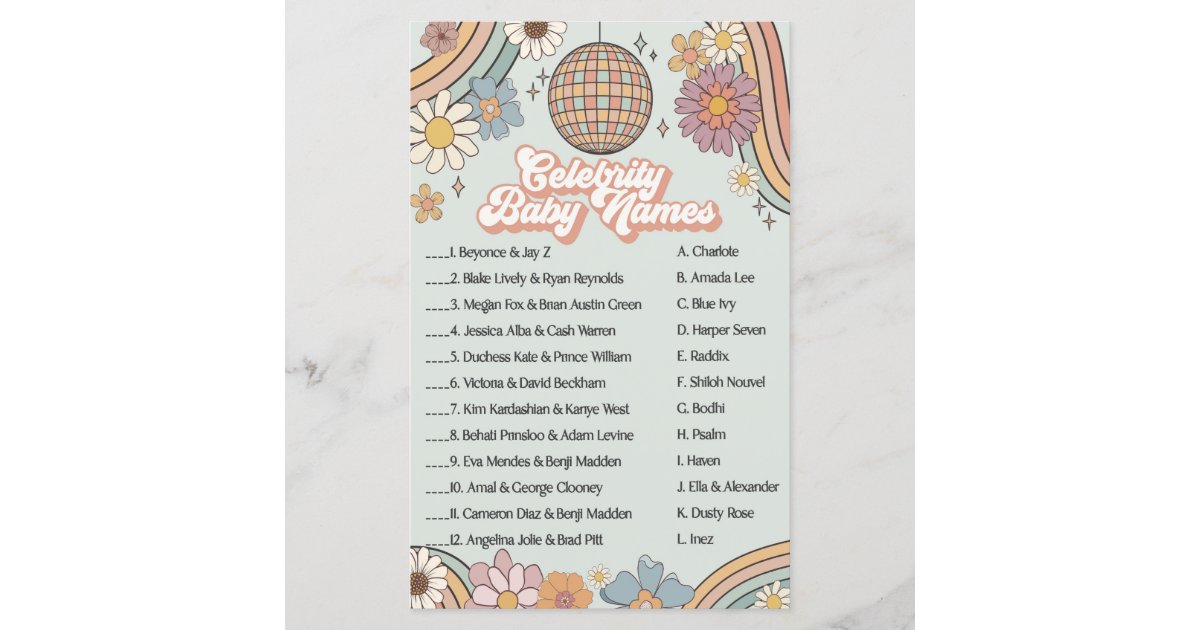 groovy 70s retro baby shower game celebrity names | Zazzle