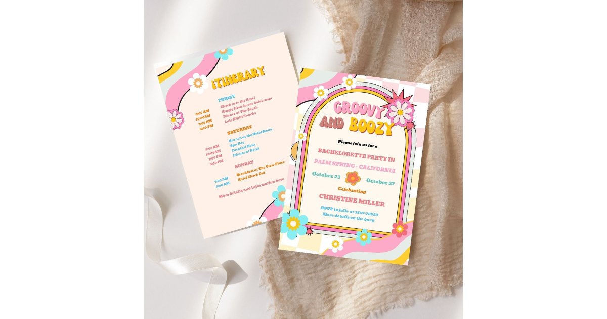Groovy and Boozy Bachelorette Weekend Itinerary Invitation | Zazzle