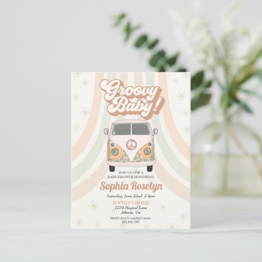 Groovy baby shower, 70s retro theme invitation postcard | Zazzle