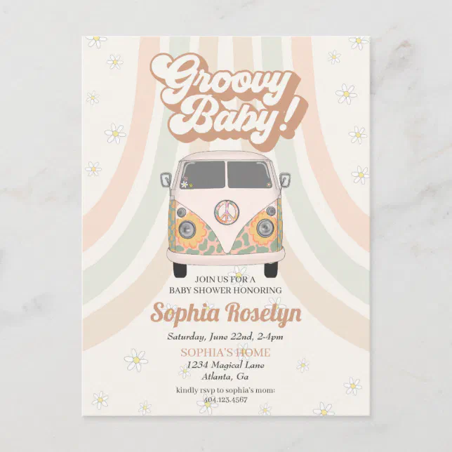 Groovy baby shower, 70s retro theme invitation postcard | Zazzle