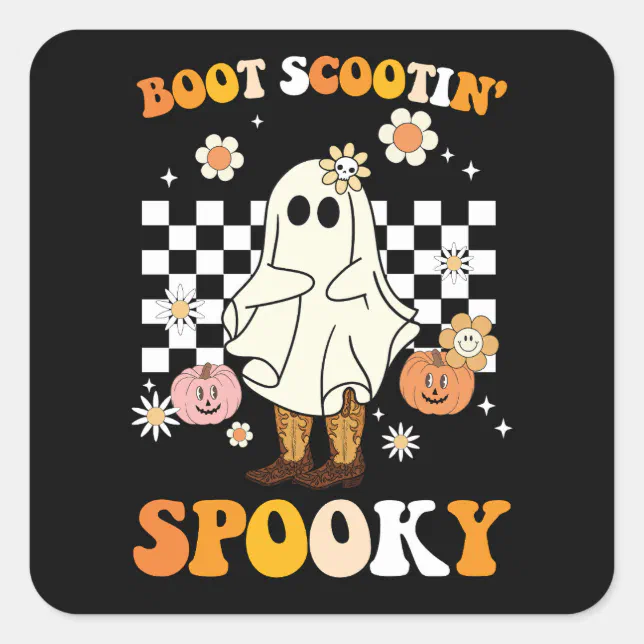 Groovy Boot Scootin Spooky Ghost Halloween Retro Square Sticker | Zazzle