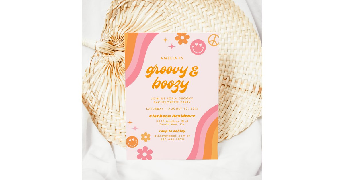 Groovy & Boozy Pink & Orange Bachelorette Party Invitation | Zazzle