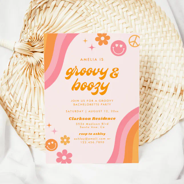 Groovy & Boozy Pink & Orange Bachelorette Party Invitation | Zazzle