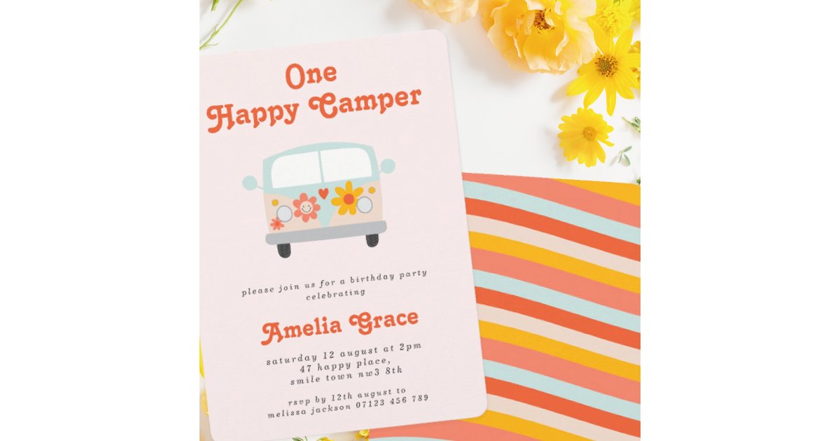 Groovy Camper Van Girls 1st Birthday Invitation | Zazzle