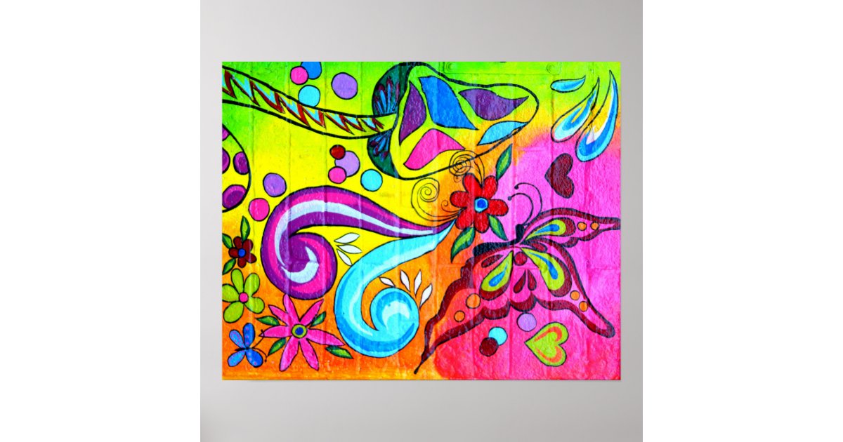 groovy colorful magic mushroom butterfly poster | Zazzle