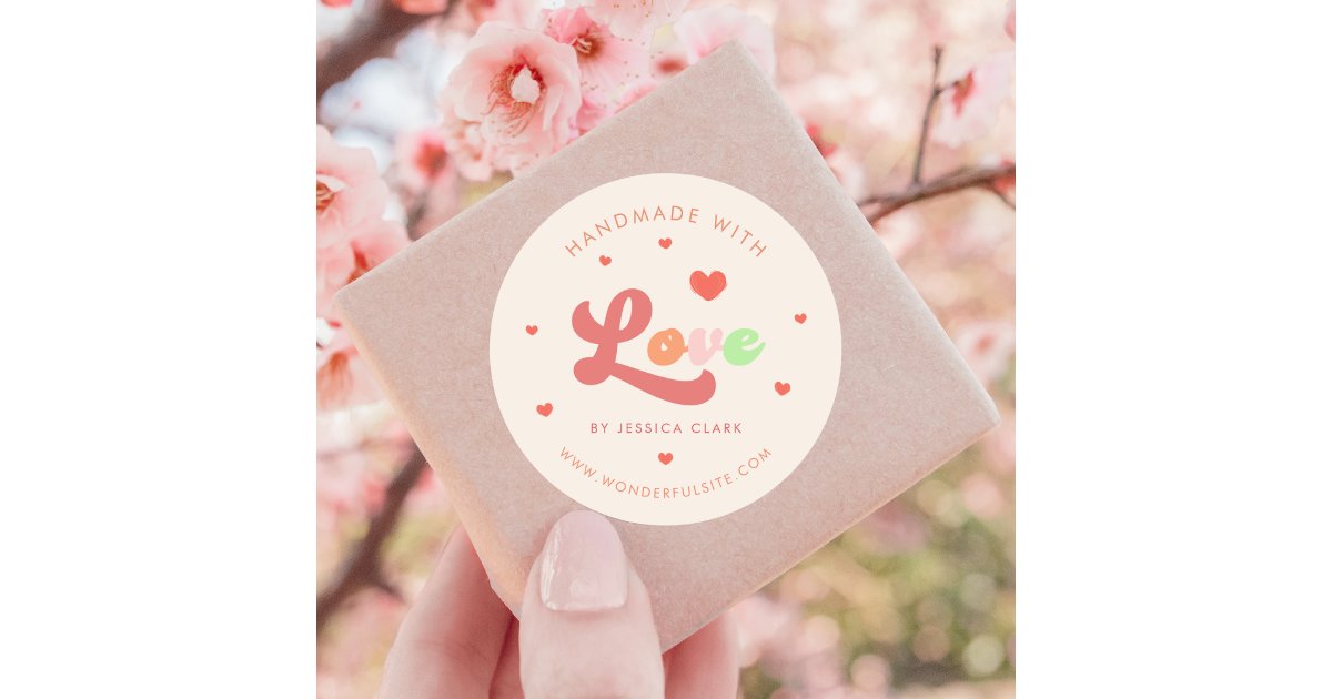 Groovy Colorful Retro Handmade with Love Heart Classic Round Sticker ...