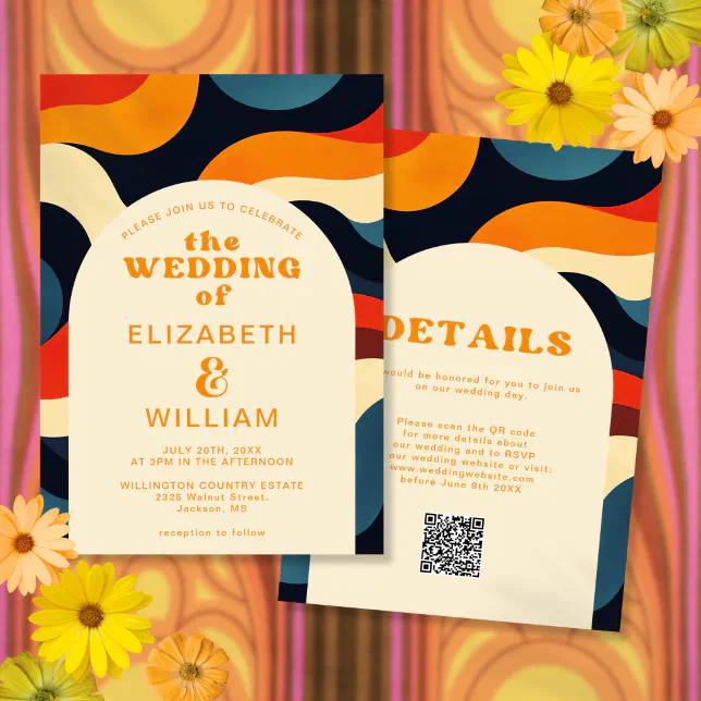 Groovy Colorful Retro Wavy Boho QR Code Wedding Invitation | Zazzle