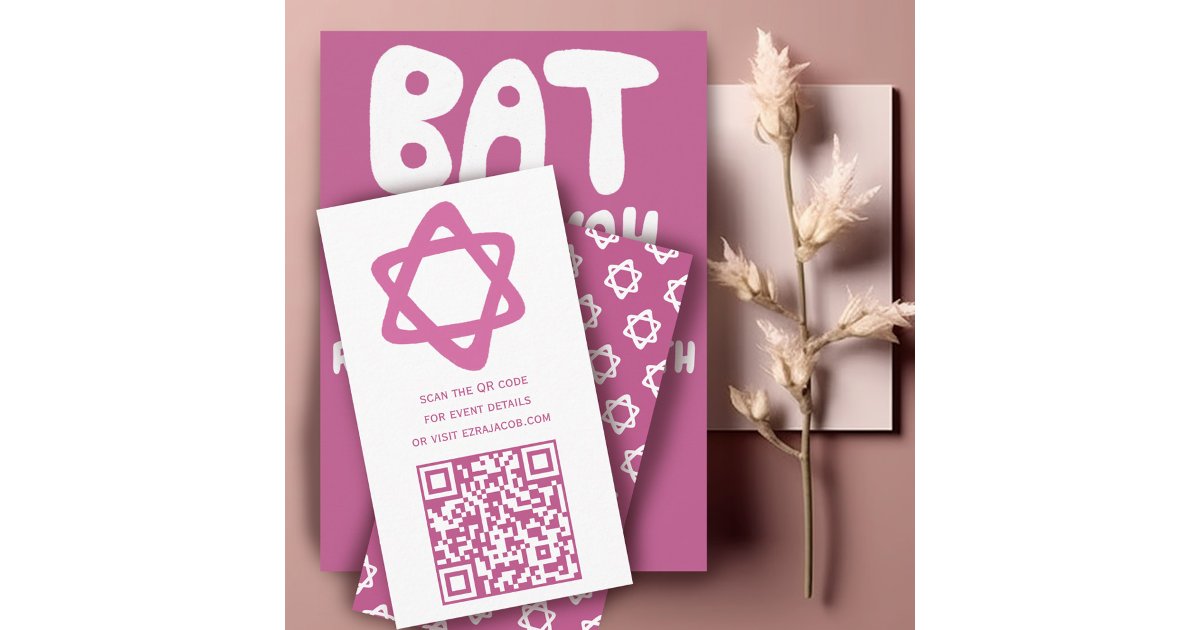 Groovy Custom QR CODE Bar Bat Mitzvah Pink Stars Enclosure Card | Zazzle