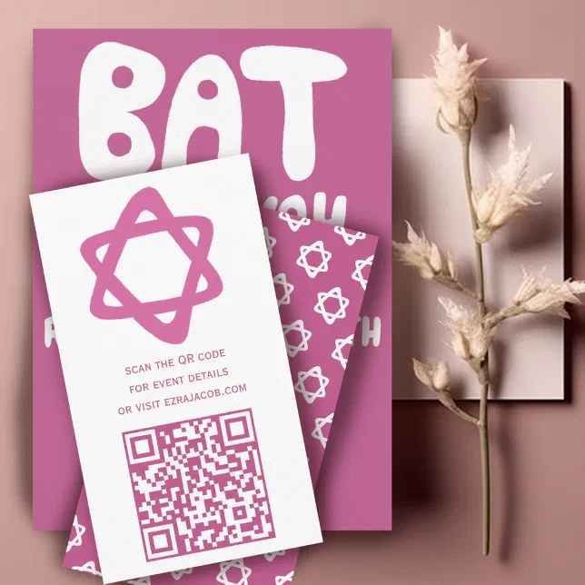 Groovy Custom QR CODE Bar Bat Mitzvah Pink Stars Enclosure Card | Zazzle