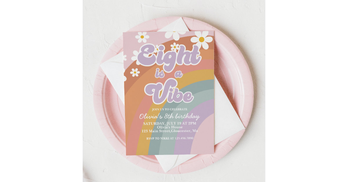 Groovy Eight is a vibe Retro Rainbow 8th Birthday Invitation | Zazzle