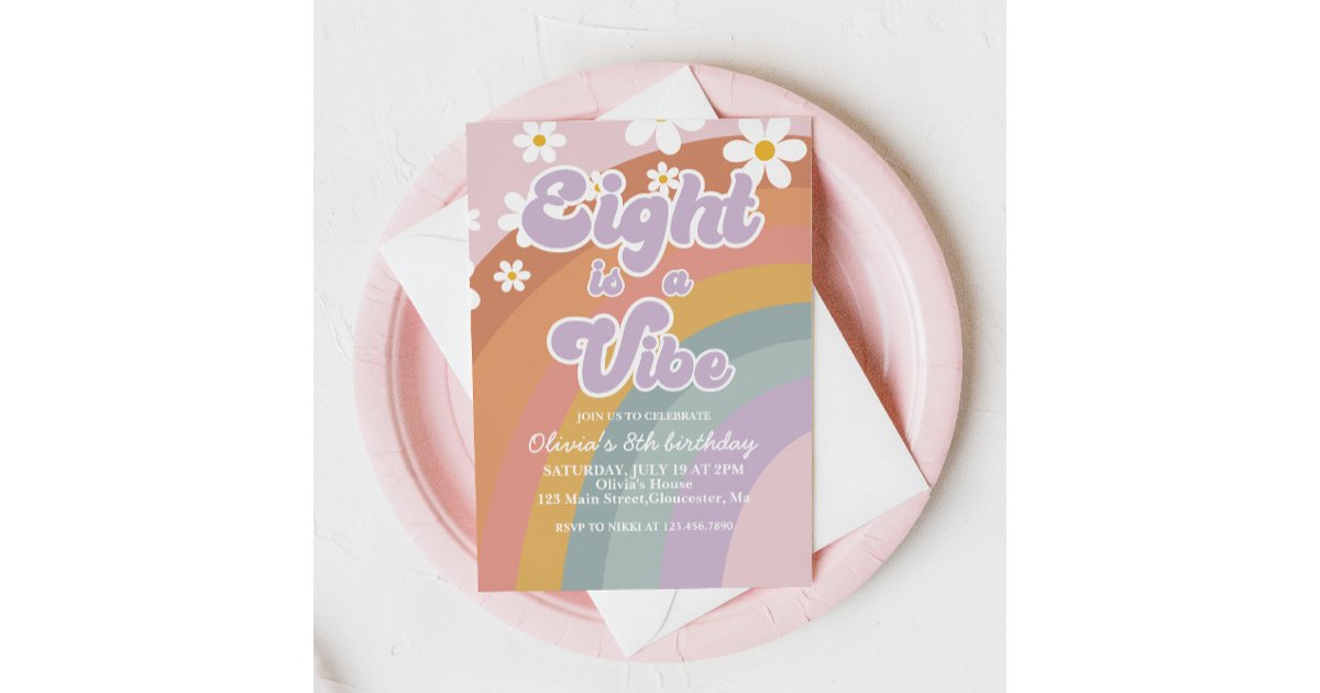 Groovy Eight is a vibe Retro Rainbow 8th Birthday Invitation | Zazzle