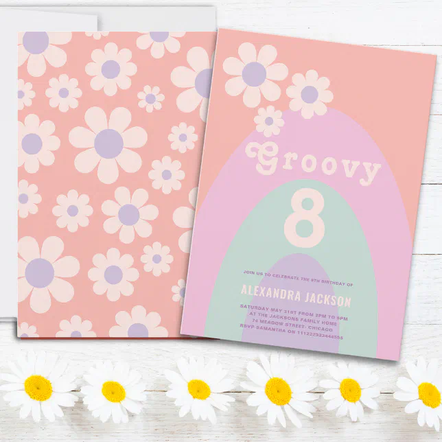 Groovy Eight Retro Daisy Arch 8th Birthday Party Invitation | Zazzle