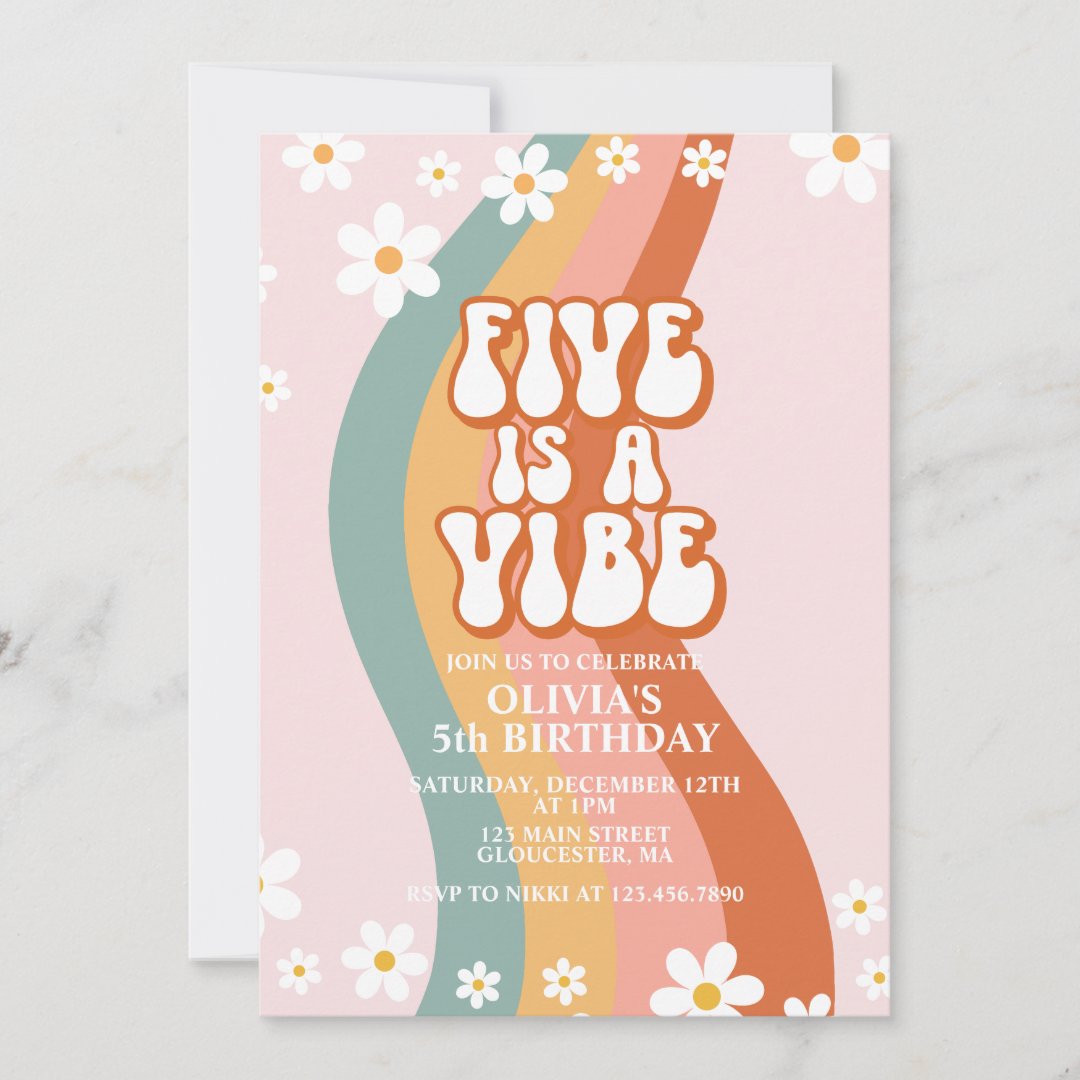 Groovy Five is a Vibe daisy rainbow 5th birthday I Invitation | Zazzle