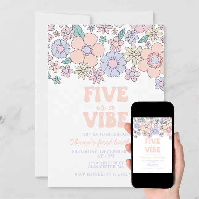 Groovy Five is a Vibe Retro Floral 5th birthday Invitation | Zazzle