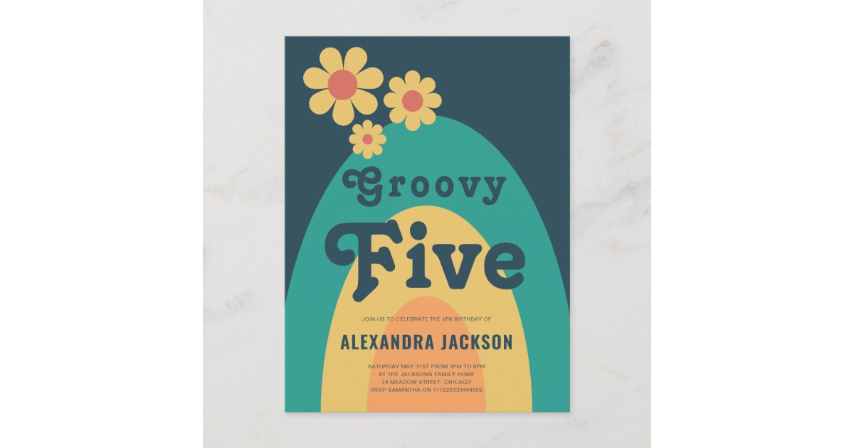 Groovy Five Retro 5th Birthday Party Invitation Postcard | Zazzle
