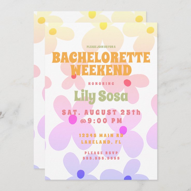 Groovy Flora Retro Bachelorette Weekend Rainbow Invitation | Zazzle