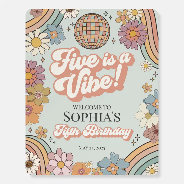 Groovy Floral 5th Birthday Retro Welcome Sign | Zazzle