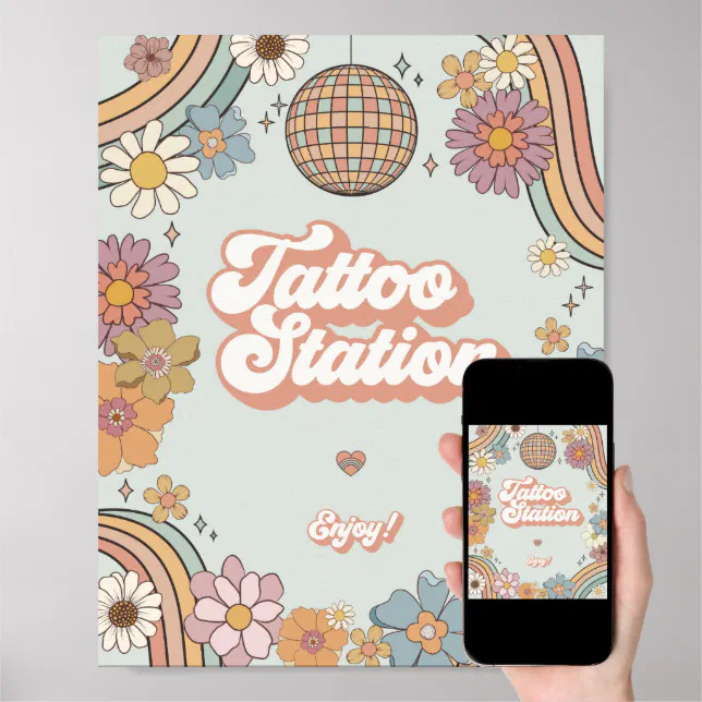 groovy floral 70s retro tattoo station favor sign | Zazzle