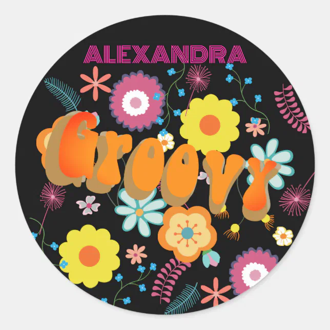 Groovy Flower Power Pink Black Classic Round Sticker | Zazzle